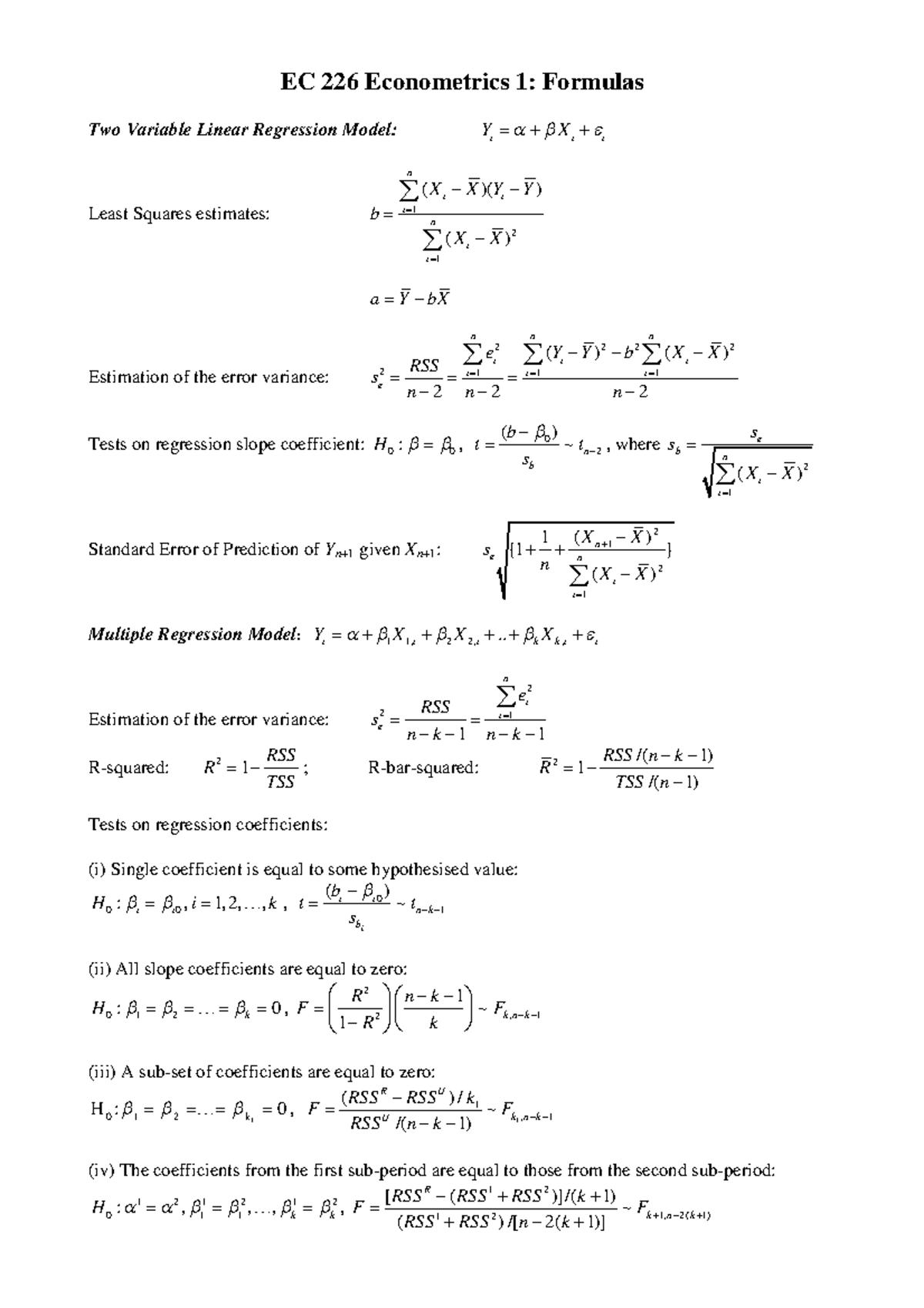 Formula ec226 new - EC 226 Econometrics 1: Formulas Two Variable Linear Regression Model: Yi ...