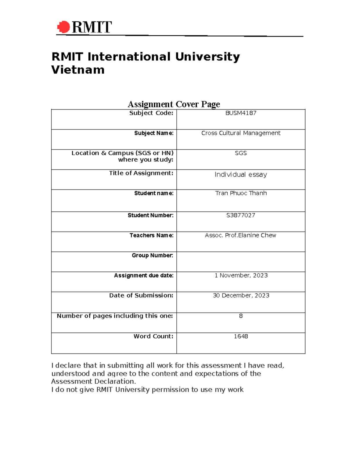 A1-IHRM-Tran Phuoc Thanh-S3877027 - RMIT International University ...