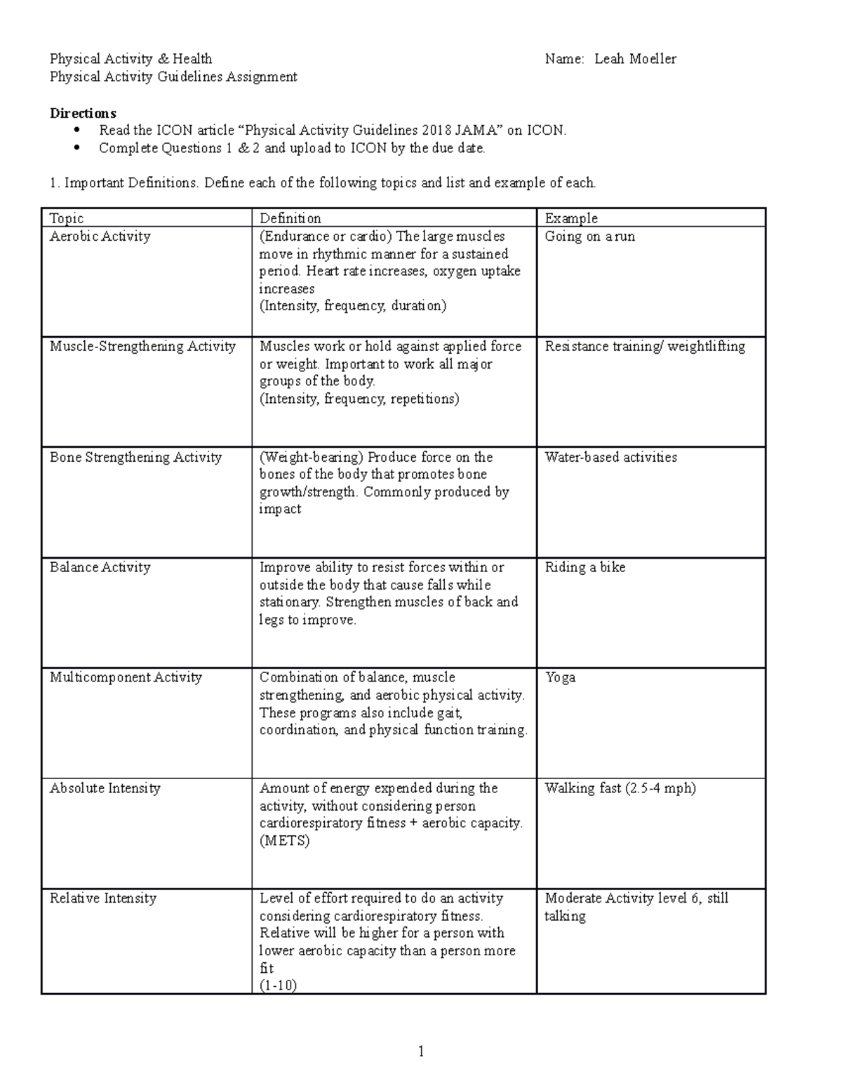 Pa guidelines week 4 - pa log - Physical Activity & Health Name: Leah ...