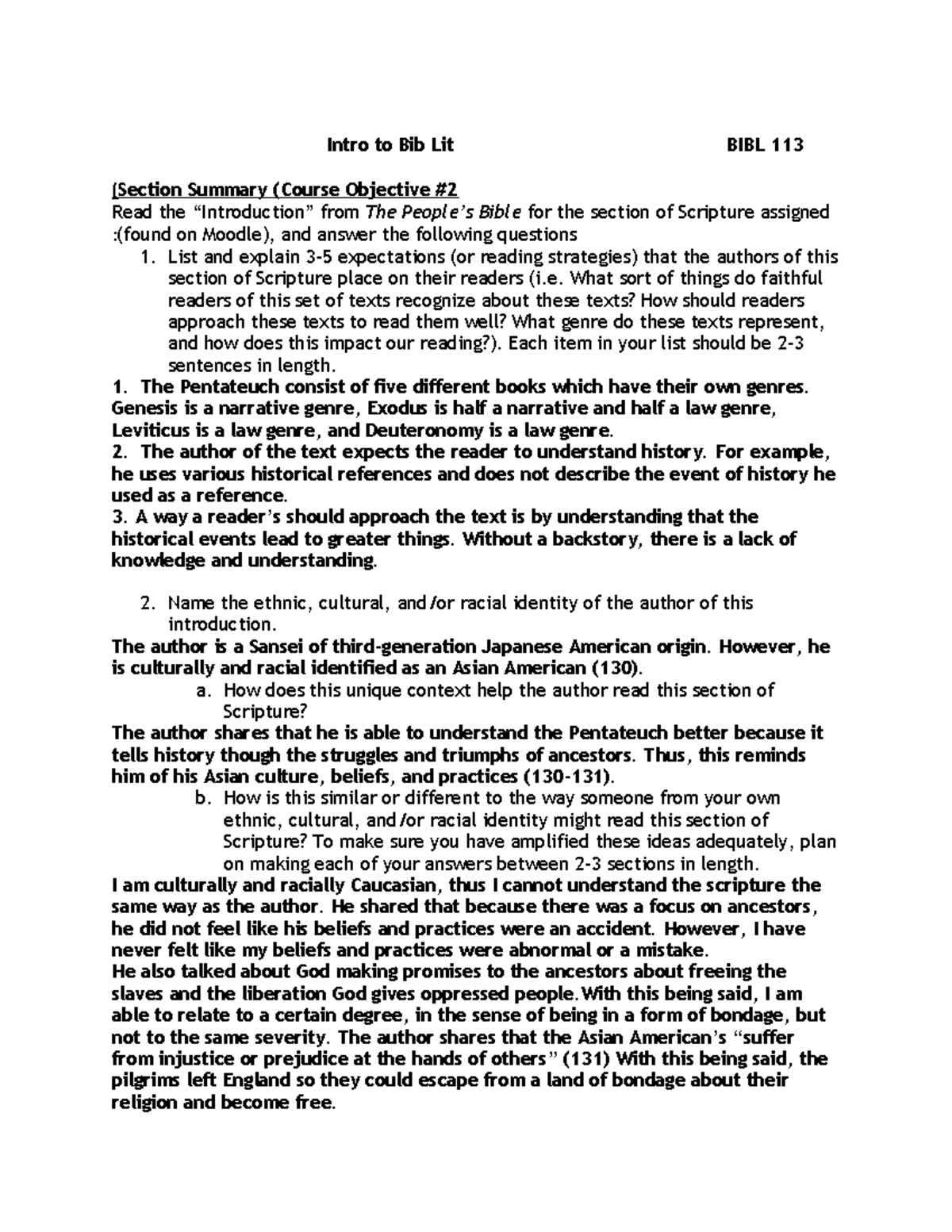 First Assignment: Section Summary #1 - Intro to Bib Lit BIBL 113 ...