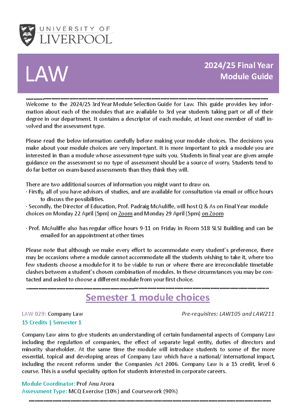 LAW Module Guide 2024-25 - LAW 2024/25 Final Year Module Guide LAW 029: Company Law Pre ...