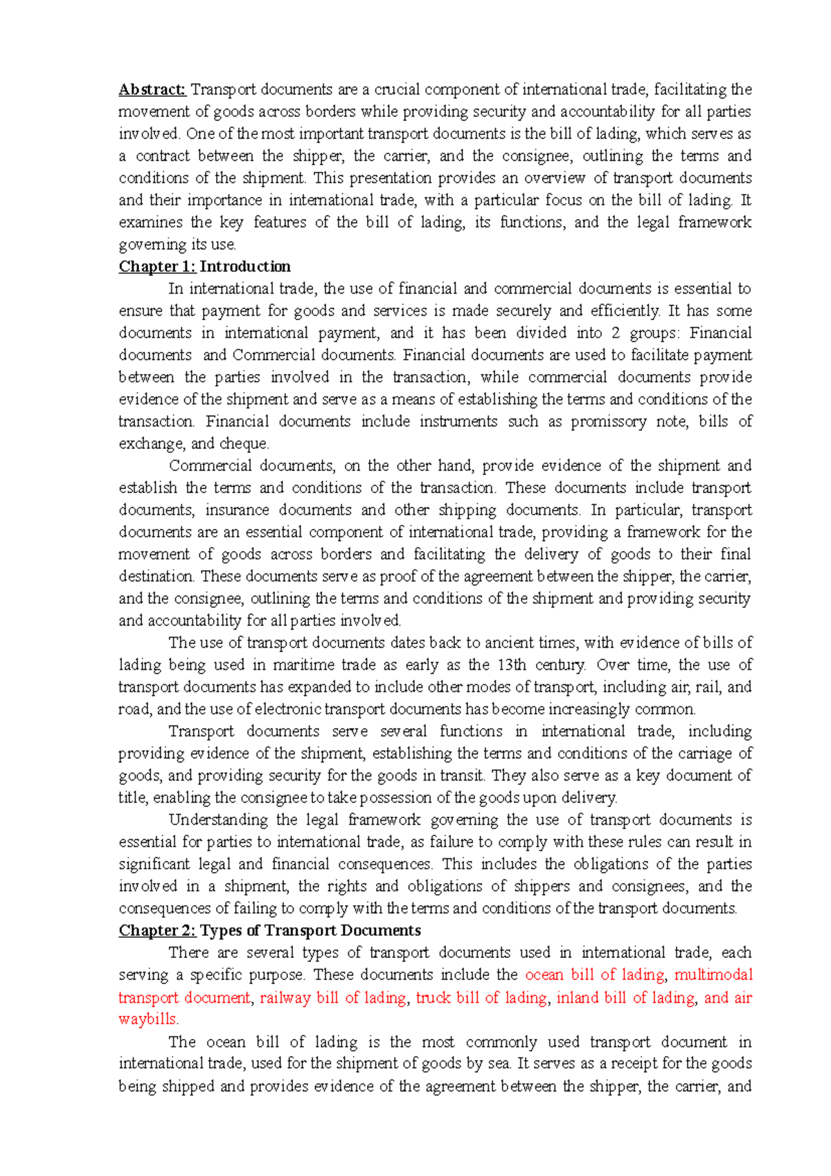 Present Bll of lading - hay - Abstract: Transport documents are a ...