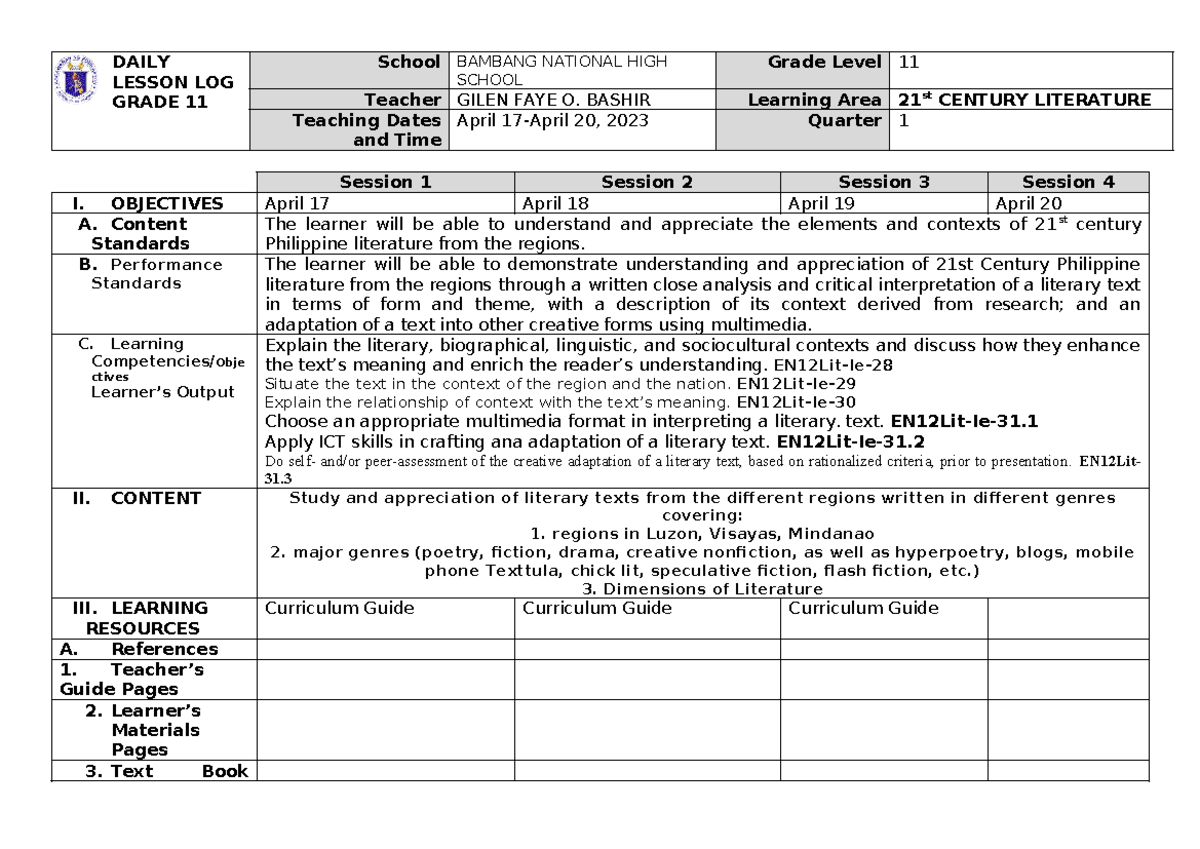 Week 10-April 17-April 120 - DAILY LESSON LOG GRADE 11 School BAMBANG ...