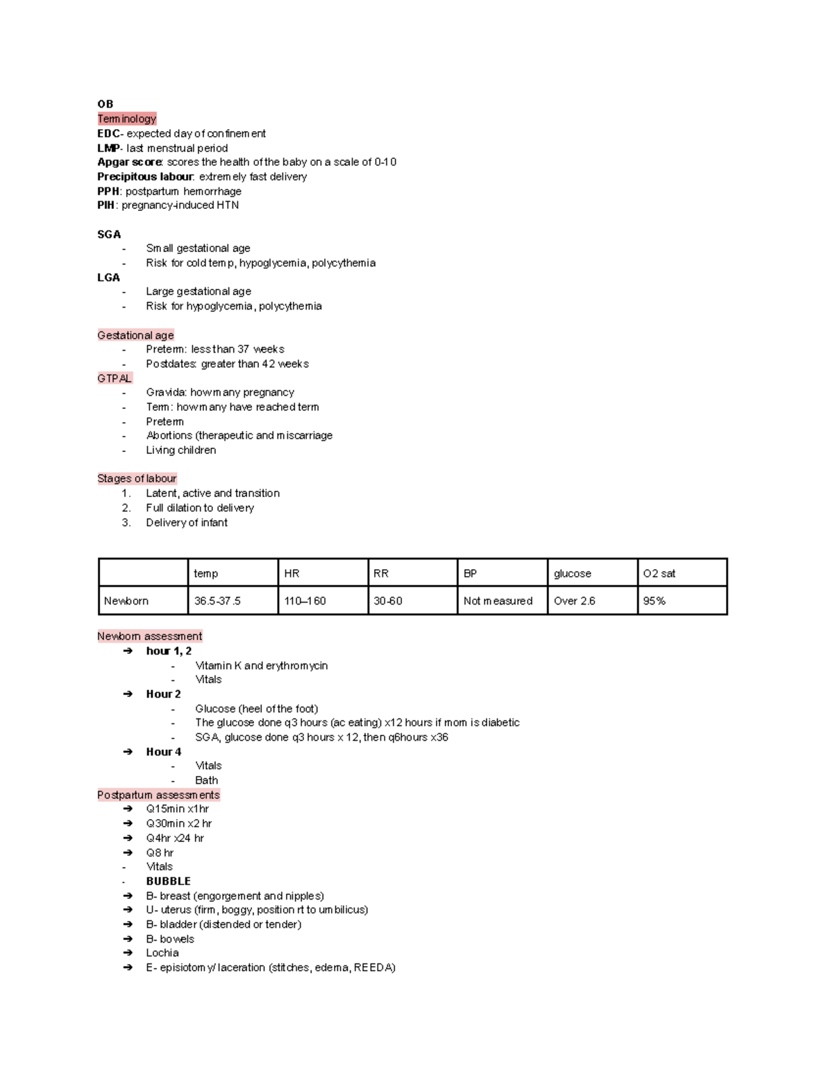 OB assessment - OB Terminology EDC- expected day of confinement LMP ...
