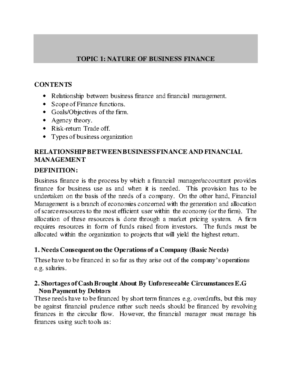 Business Finance BY Madam Brendah - TOPIC 1: NATURE OF BUSINESS FINANCE ...