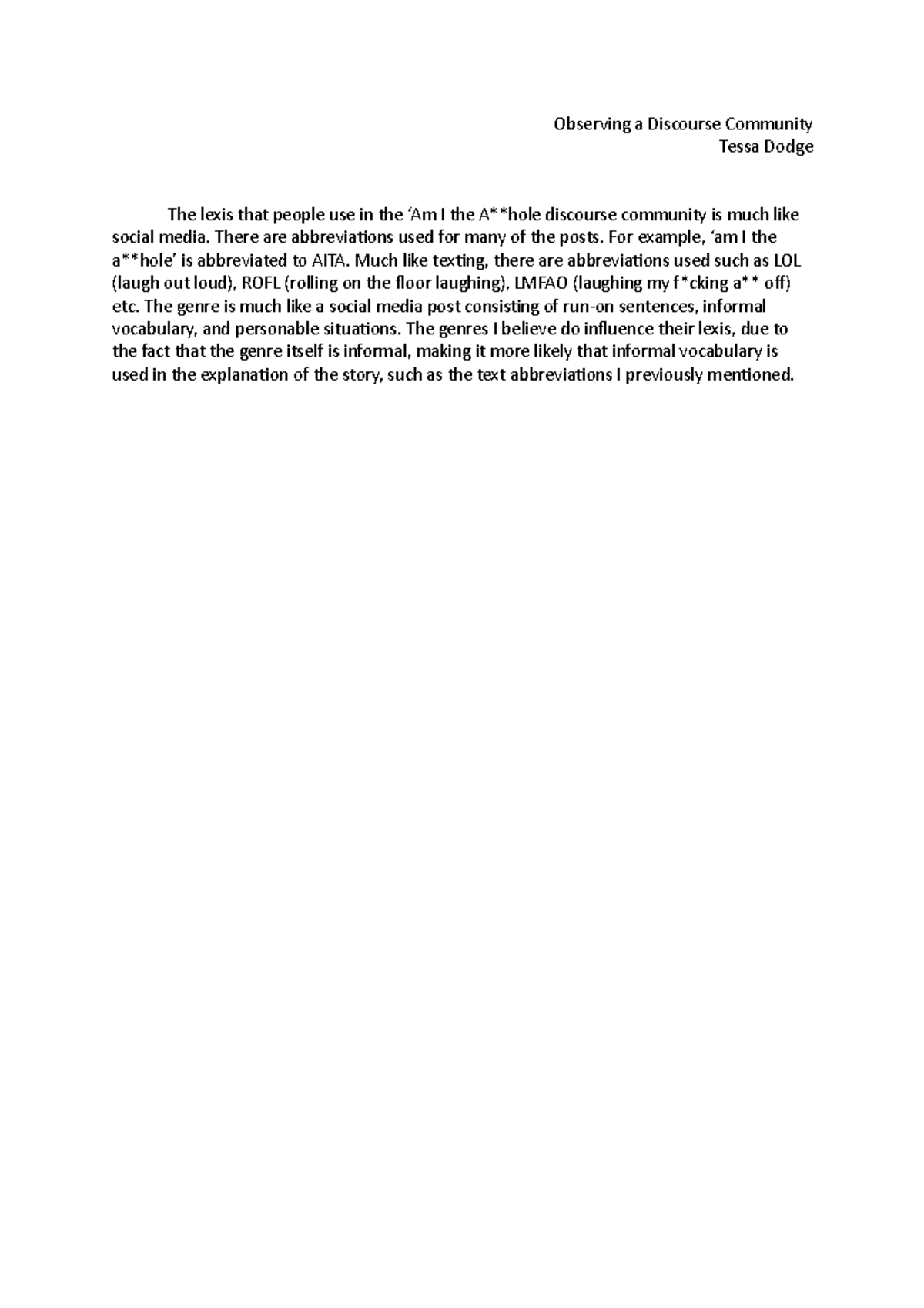 Observing a Discourse Community - There are abbreviations used for many ...