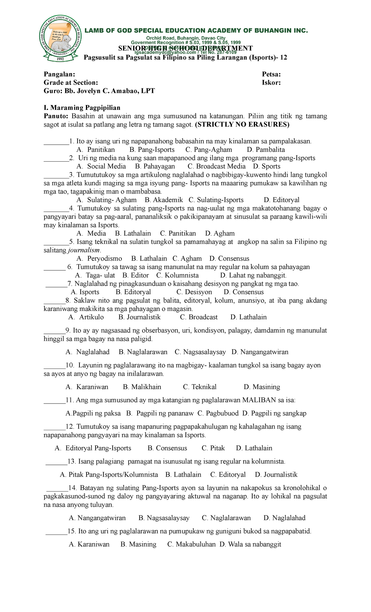 Prelim-Exam-Pagsulat-sa-Filipino-sa-Piling-Larangan - SENIOR HIGH ...