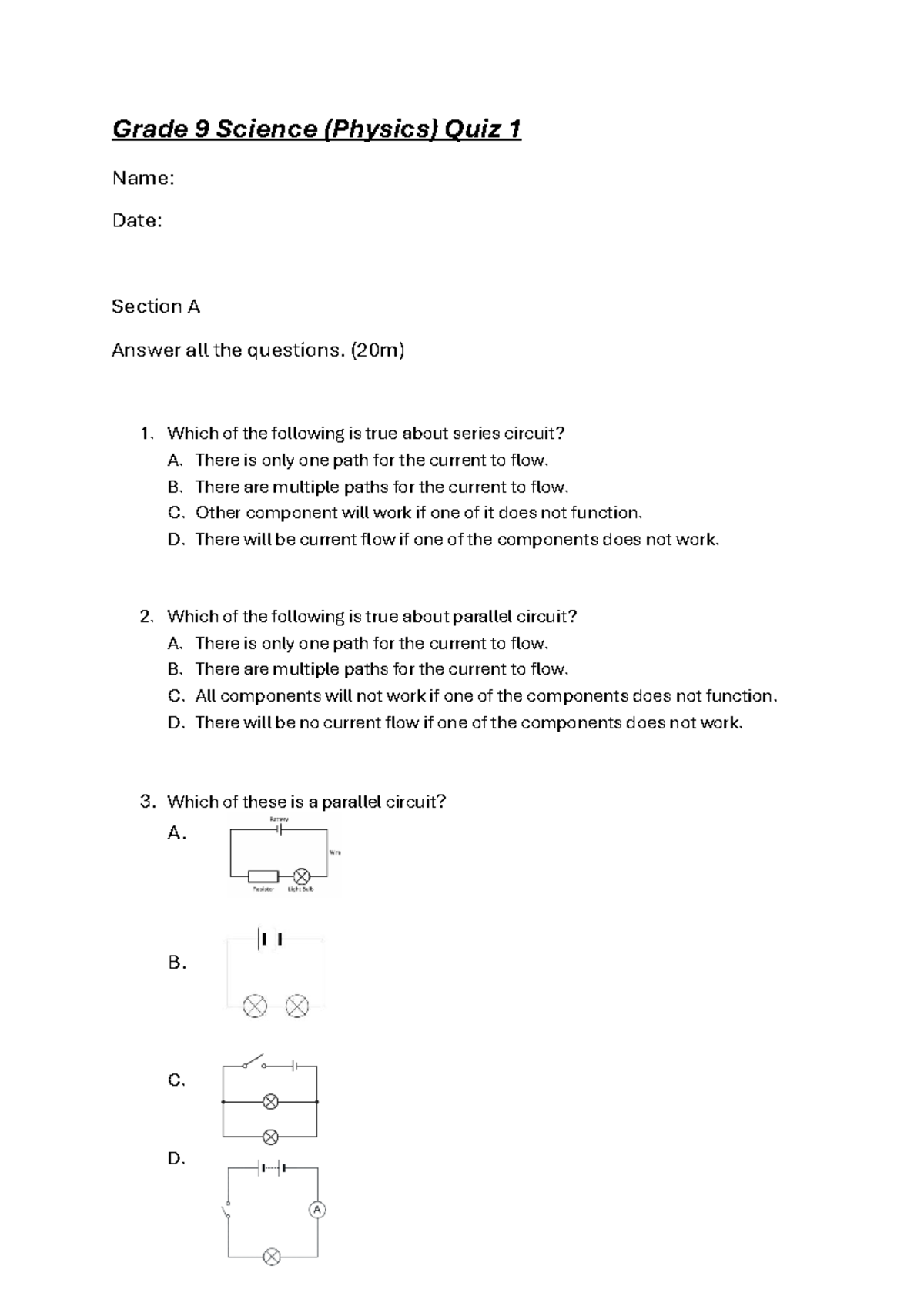 Grade 9 Science Quiz - Grade 9 Science (Physics) Quiz 1 Name: Date ...