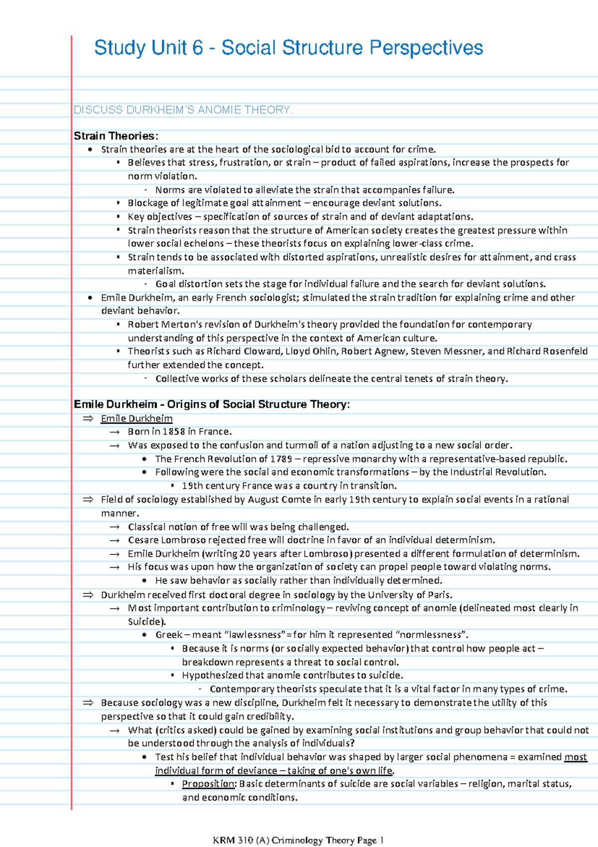 Study Unit 6 - Social Structure Perspectives - DISCUSS DURKHEIM’S ...