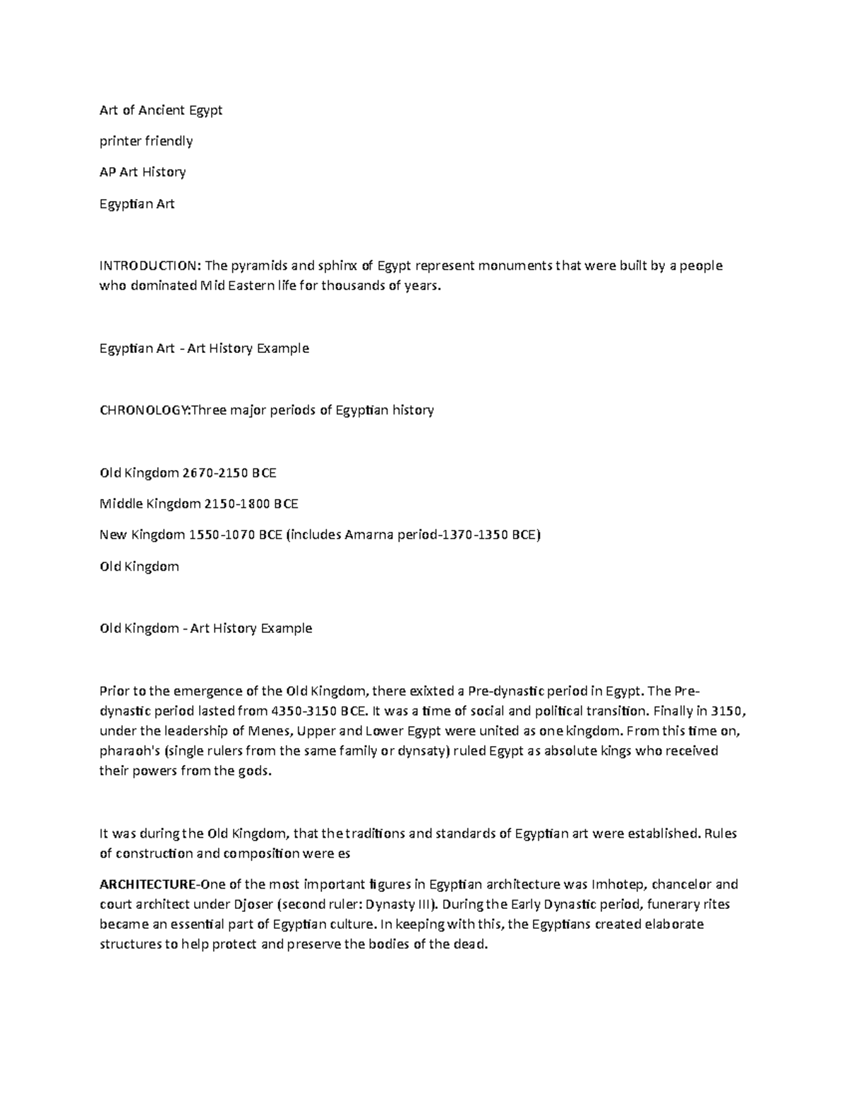 Art appreciation 1 - Art of Ancient Egypt printer friendly AP Art ...