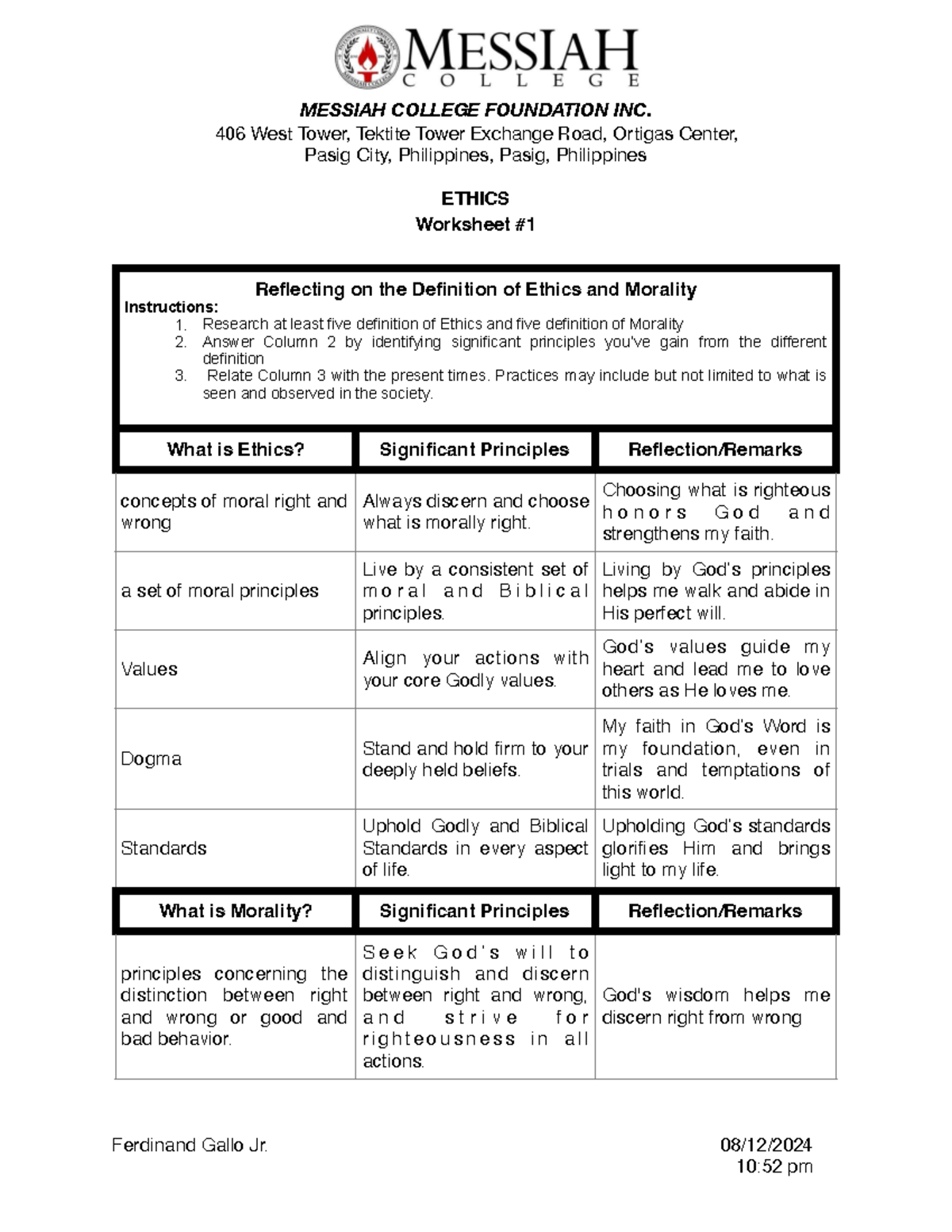 Ethics - Ethical Worksheet - MESSIAH COLLEGE FOUNDATION INC. 406 West ...