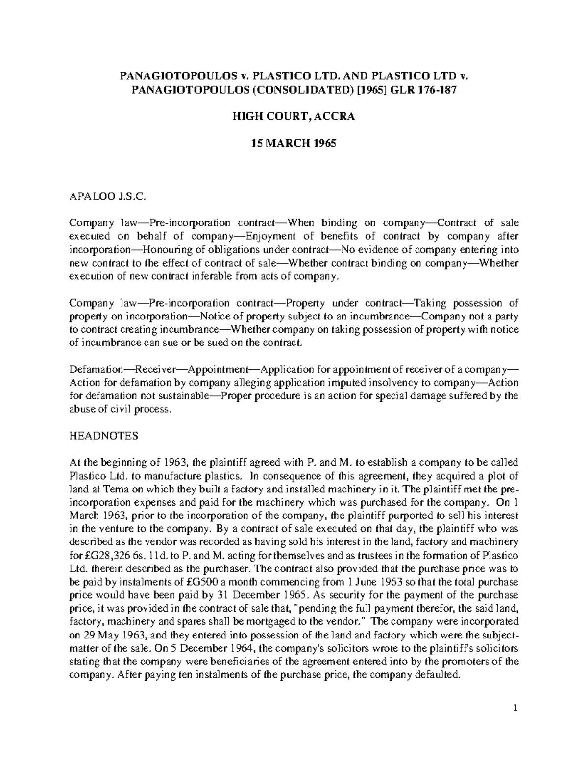 Panagiotopoulos v. Plastico Ltd - PANAGIOTOPOULOS v. PLASTICO LTD. AND PLASTICO LTD v. - Studocu