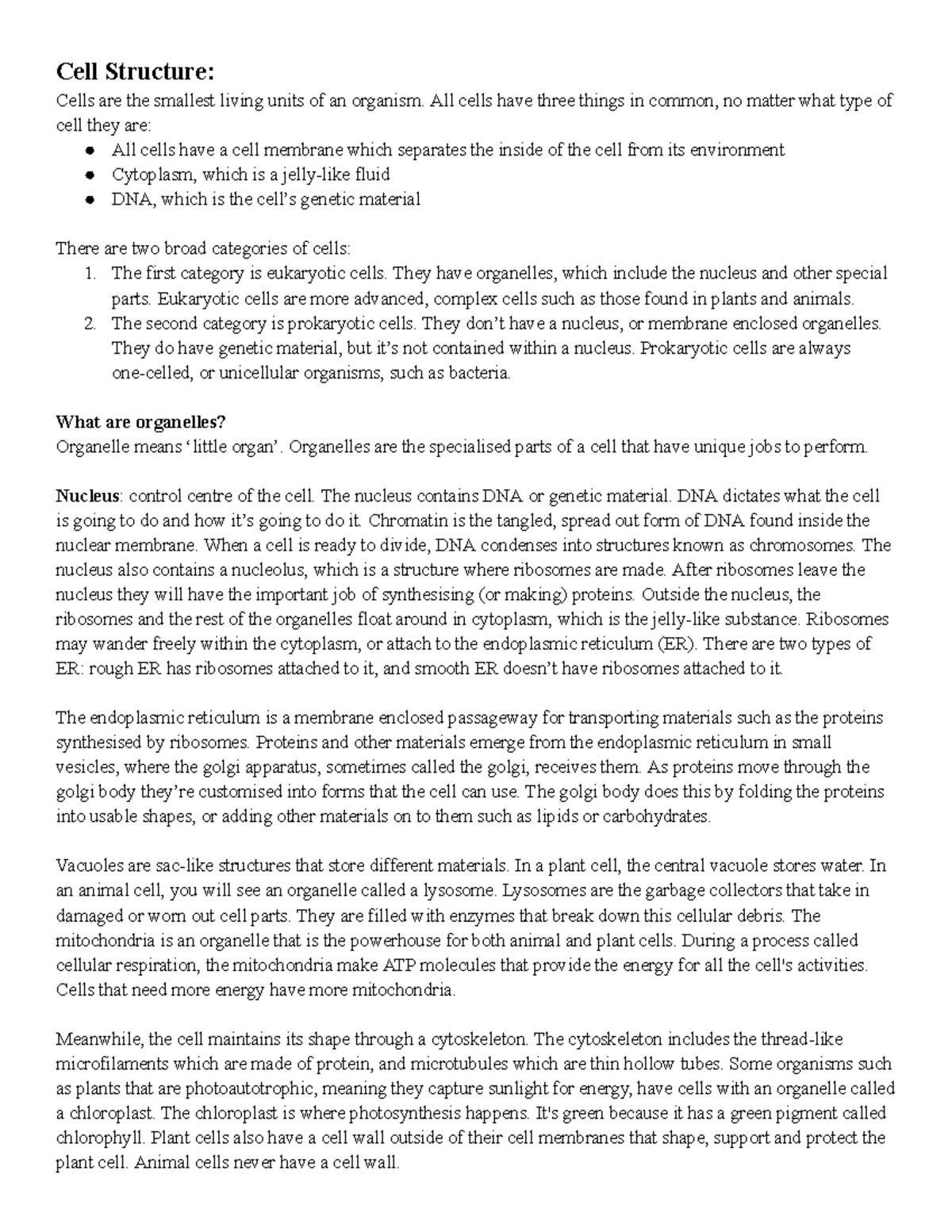Cell Structure notes - Cell Structure: Cells are the smallest living ...