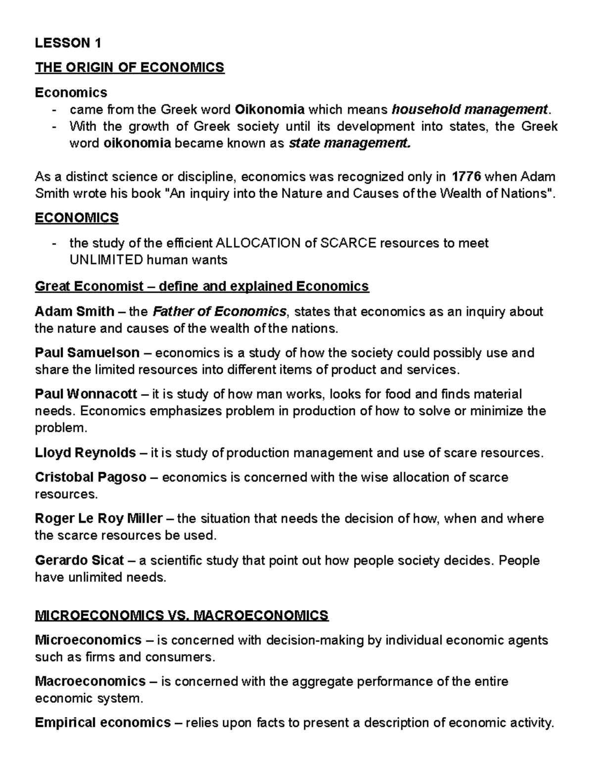 Economics Reviewer - LESSON 1 THE ORIGIN OF ECONOMICS Economics - came ...