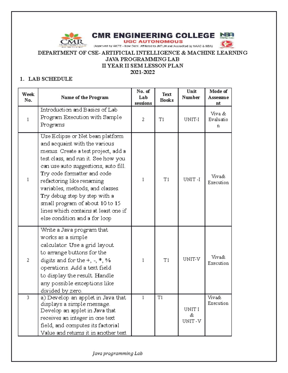 Java lession plan1 AIML - DEPARTMENT OF CSE- ARTIFICIAL INTELLIGENCE ...