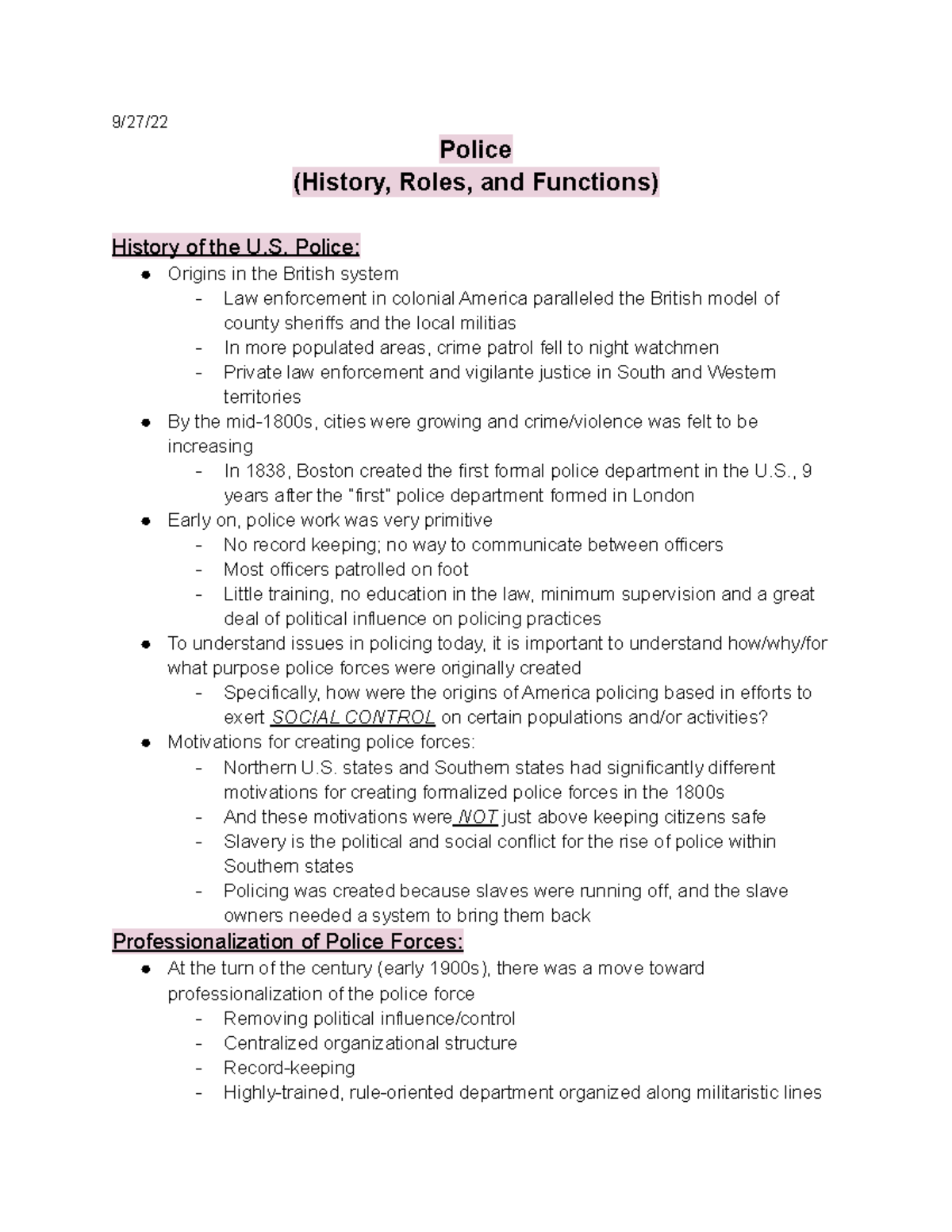 CRMJ 253 Police - Dr. M - 9/27/ Police (History, Roles, and Functions ...