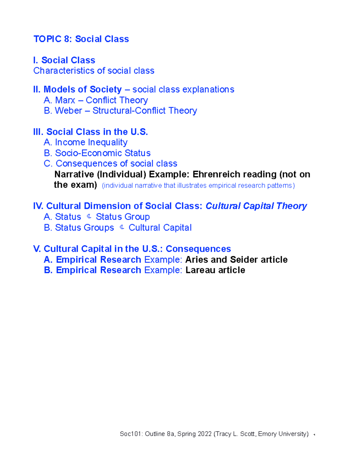 101 Outline 8a (Sp22) - lecture on unit 8 - TOPIC 8: Social Class I ...