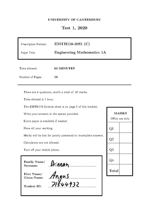 Engineering Mathematics 1A - EMTH118 - UCNZ - Studocu