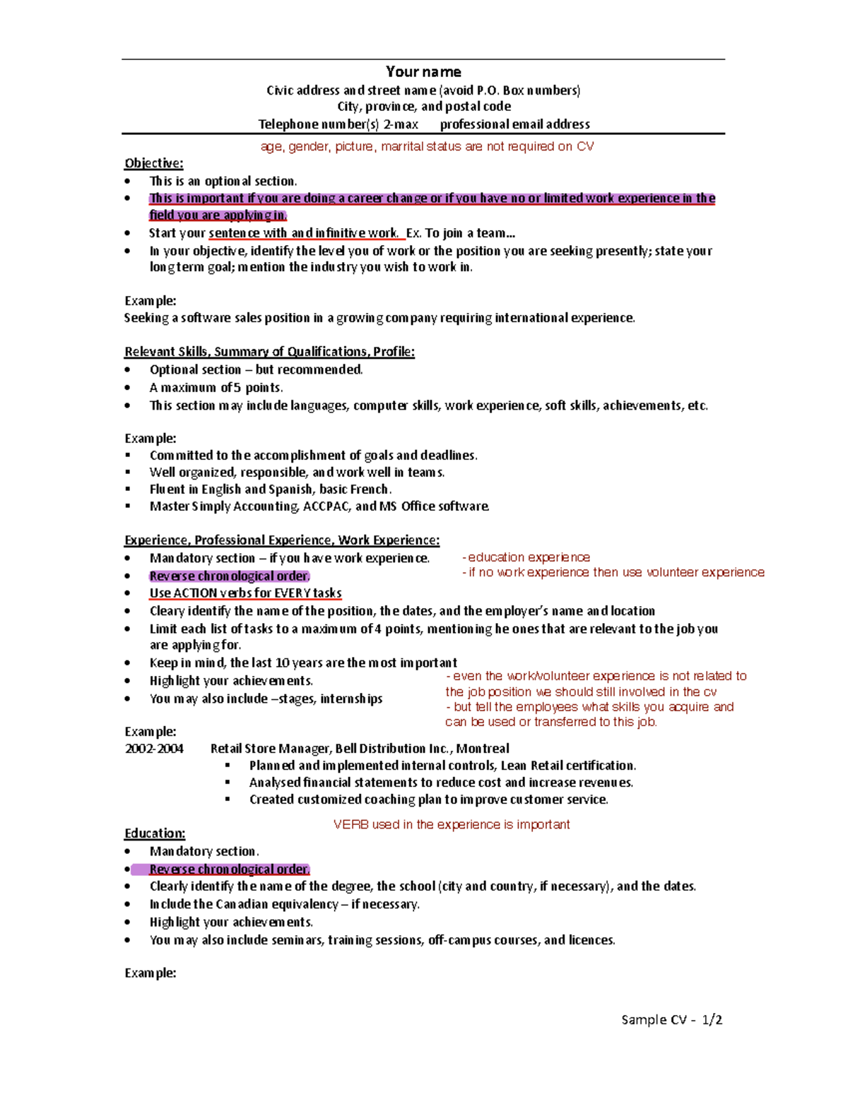 BC-cv format notes copy - Sample CV - 1/ Your name Civic address and ...