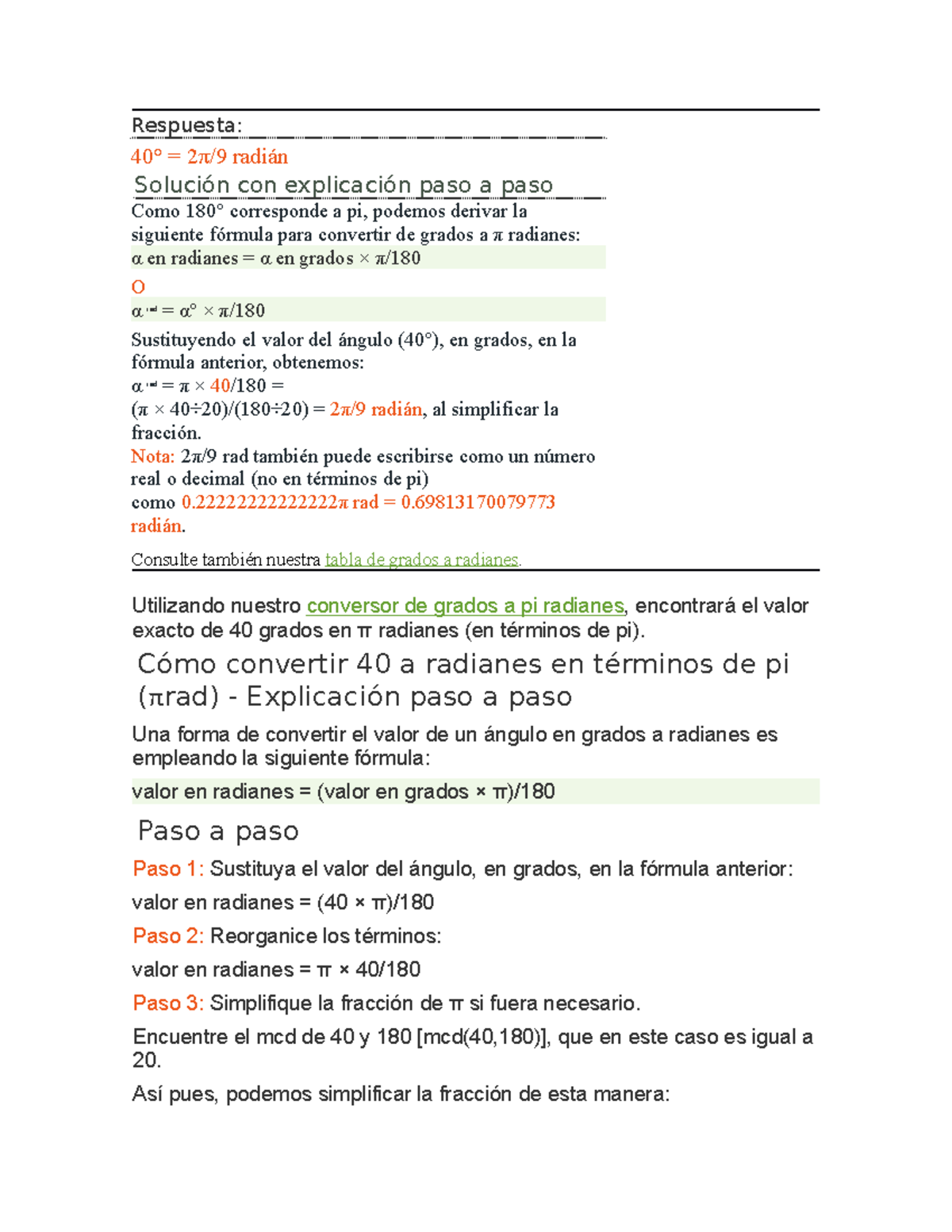 Conversion de radiales a grados paso a paso - Respuesta: 40° = 2π/9 ...
