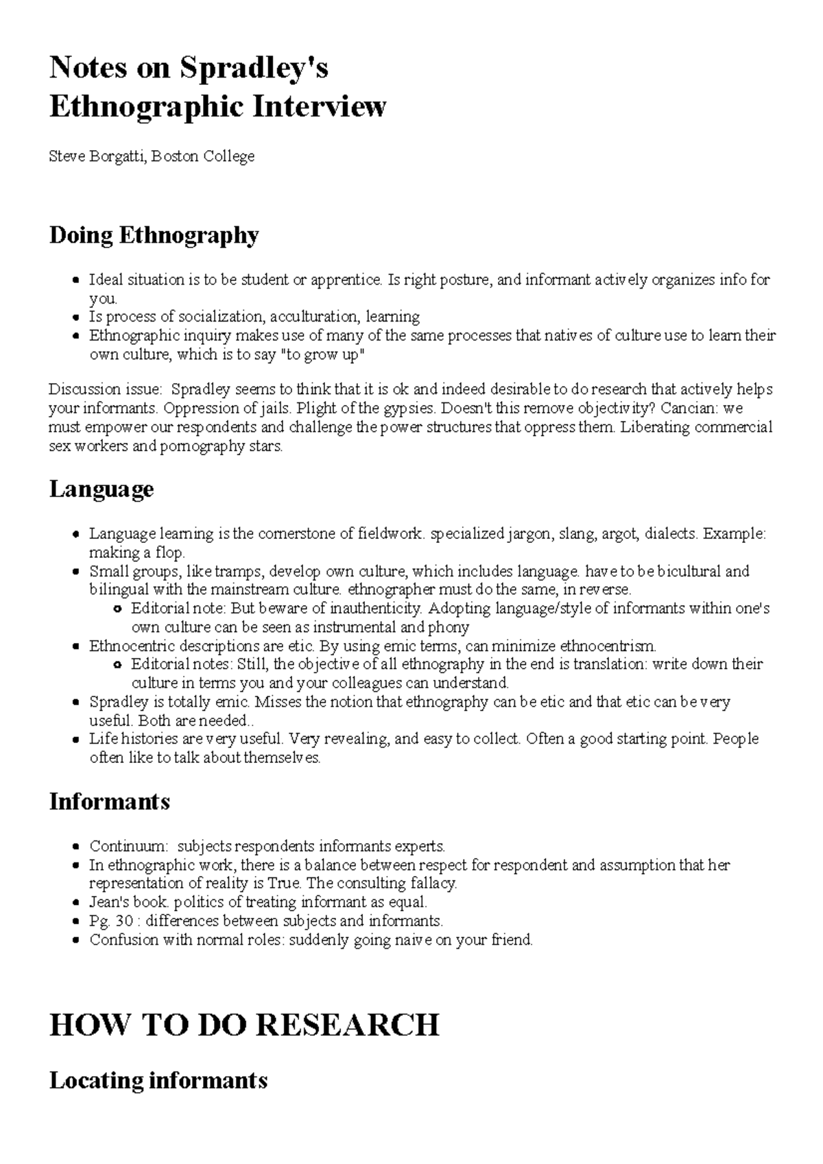 Notes on Spradley - Summary The Ethnographic Interview - Notes on ...