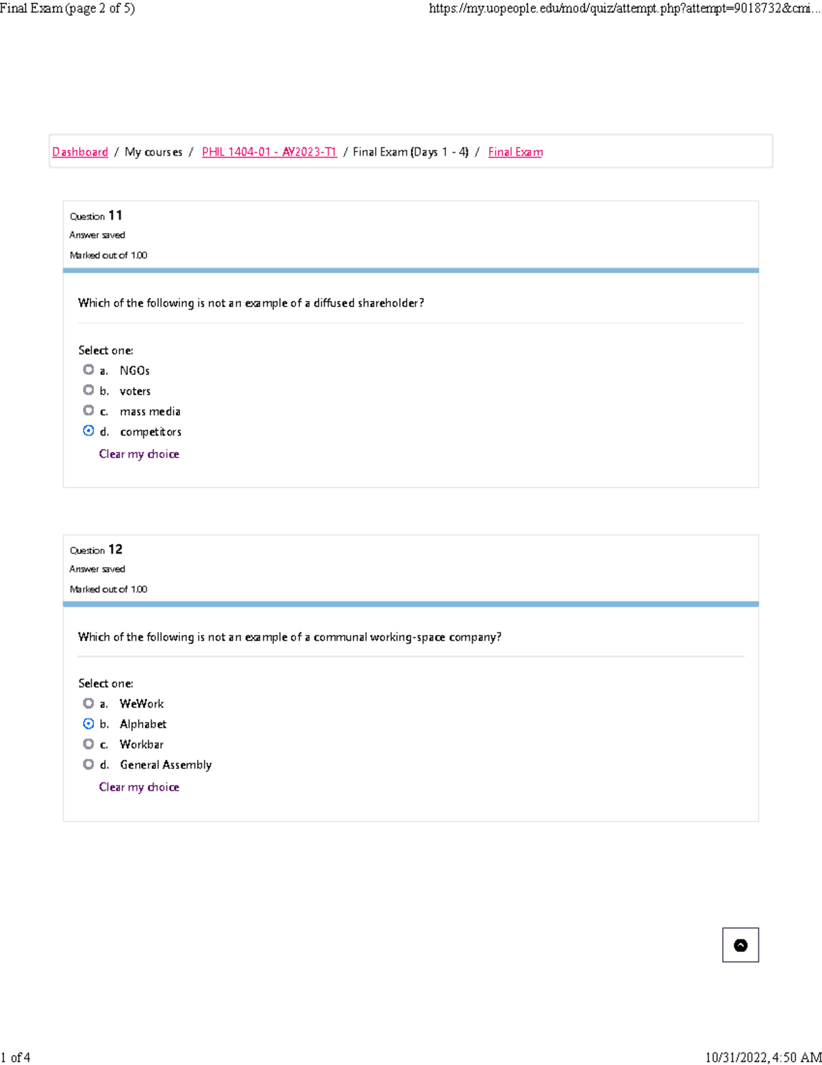 PHIL1404 Final EXAM PG2 OF PG5 - Question 11 Answer saved Marked out of 1. Question 12 Answer ...