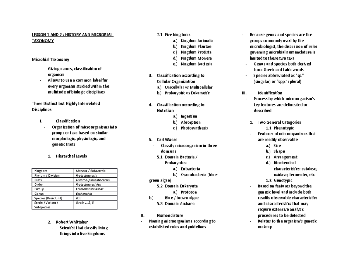Bacteriology- Lesson 1-9 - LESSON 1 AND 2 : HISTORY AND MICROBIAL ...