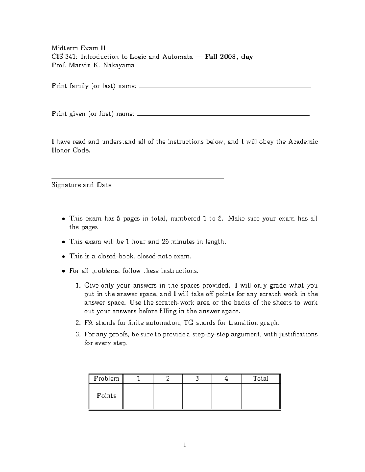 Mt03fd2 Cis 341 Introduction To Logic And Automata Midterm Exam Ii Cis 341 Introduction To