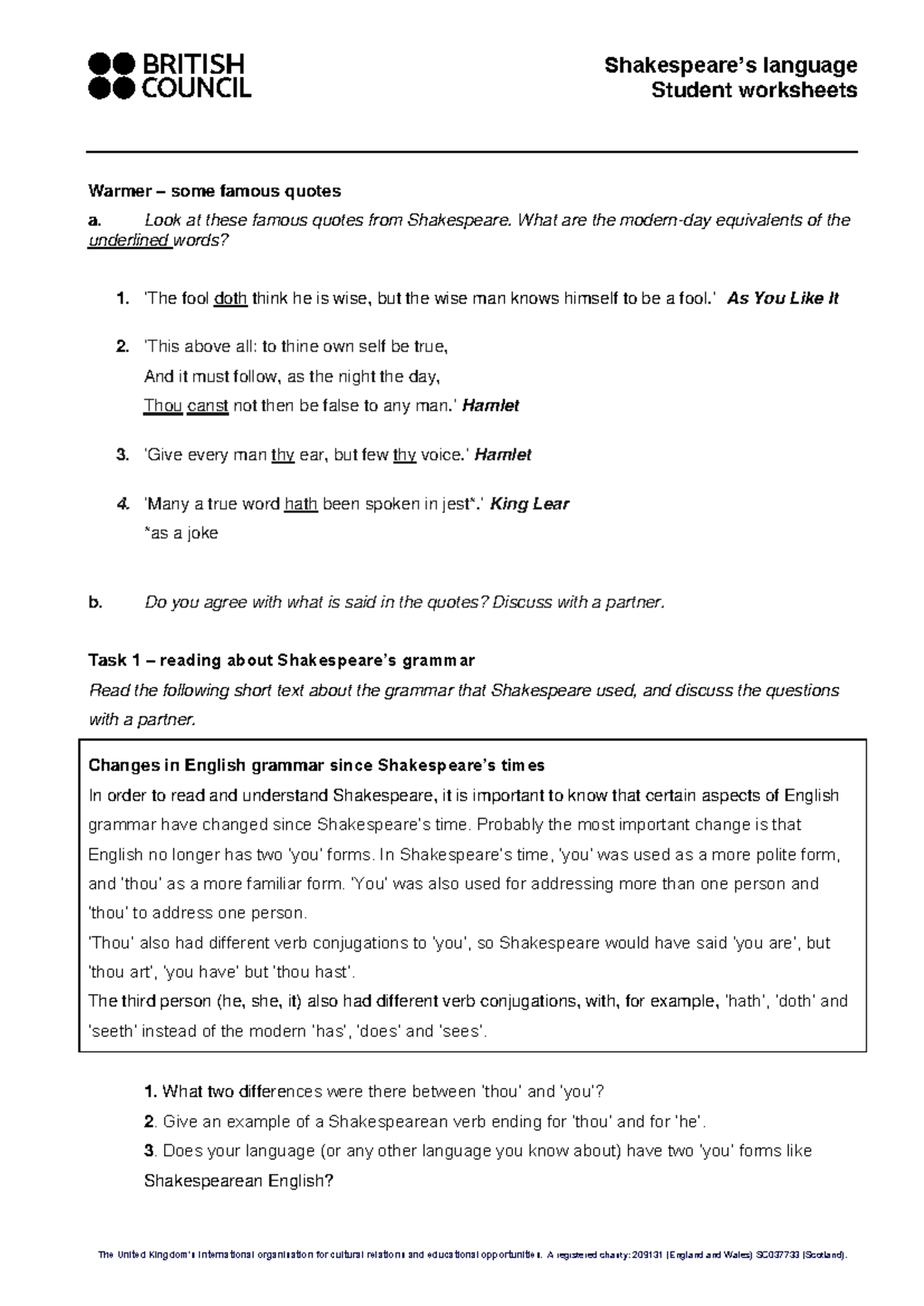 Shakespeares language student worksheet 1 1 - Student worksheets Warmer ...