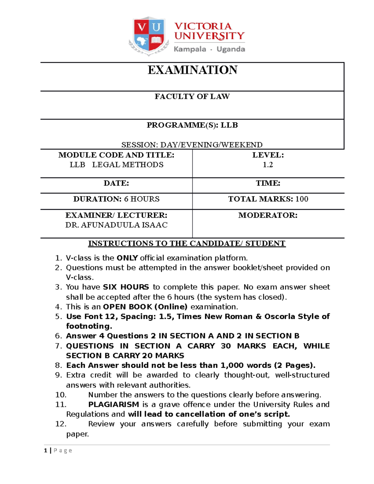 Legal Methods - EXAMINATION FACULTY OF LAW PROGRAMME(S): LLB SESSION ...