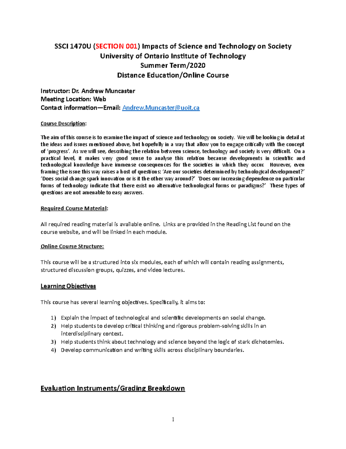 Impacts of Science and Technology on Society - Course Description and ...