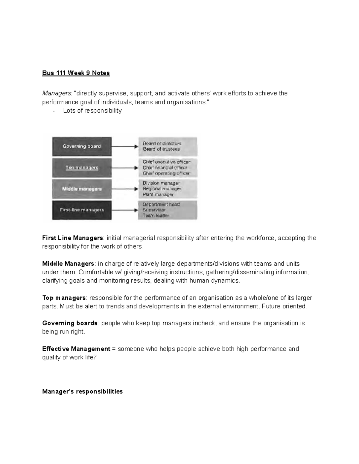 Bus 111 Week 9/10 Notes - Bus 111 Week 9 Notes Managers: “directly ...