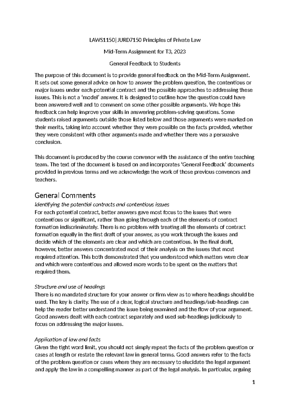 Sample ppl - LAWS1150|JURD7150 Principles of Private Law Mid-Term ...