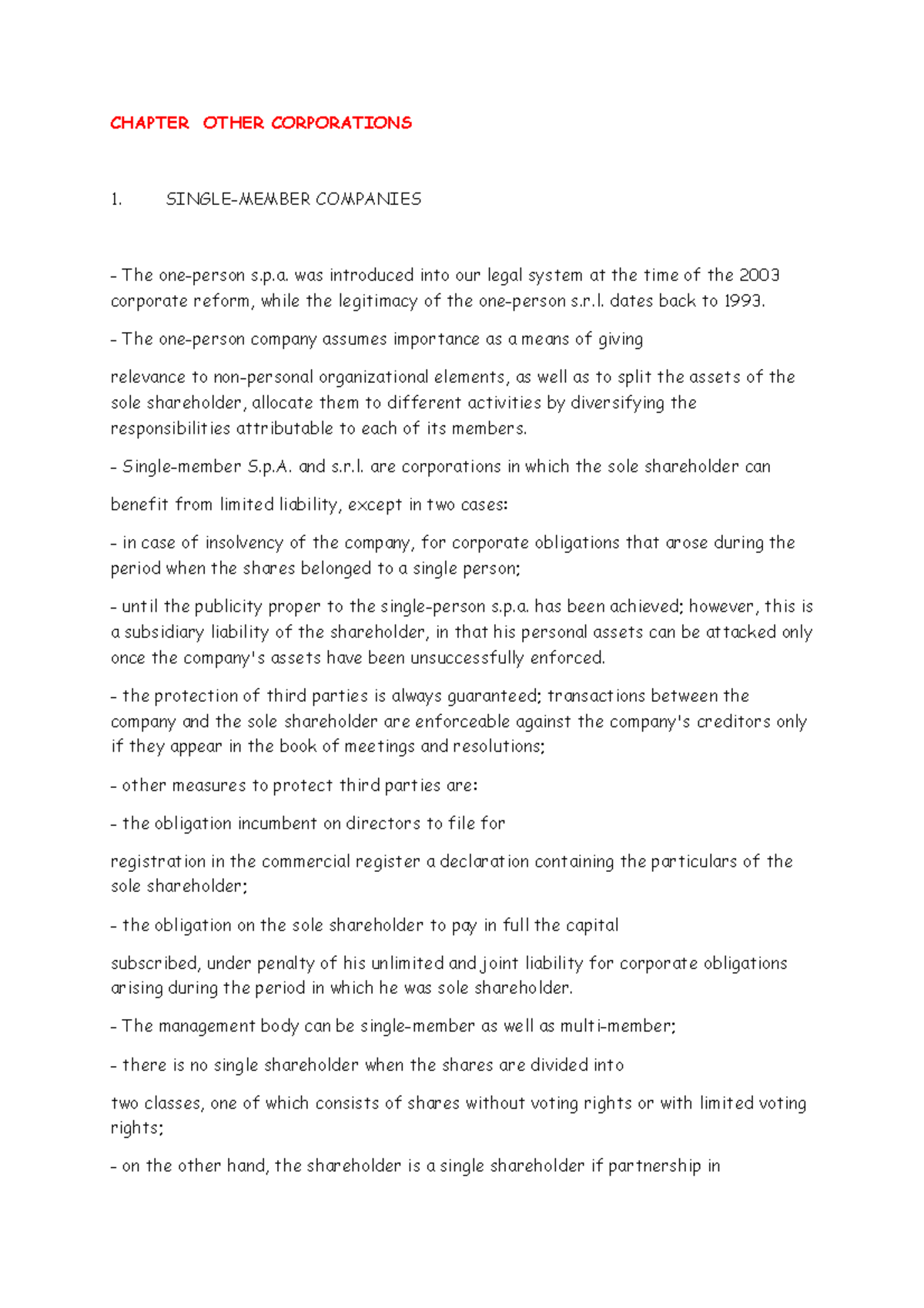 Dispositive rules and mandatory rules 1 - CHAPTER OTHER CORPORATIONS 1 ...