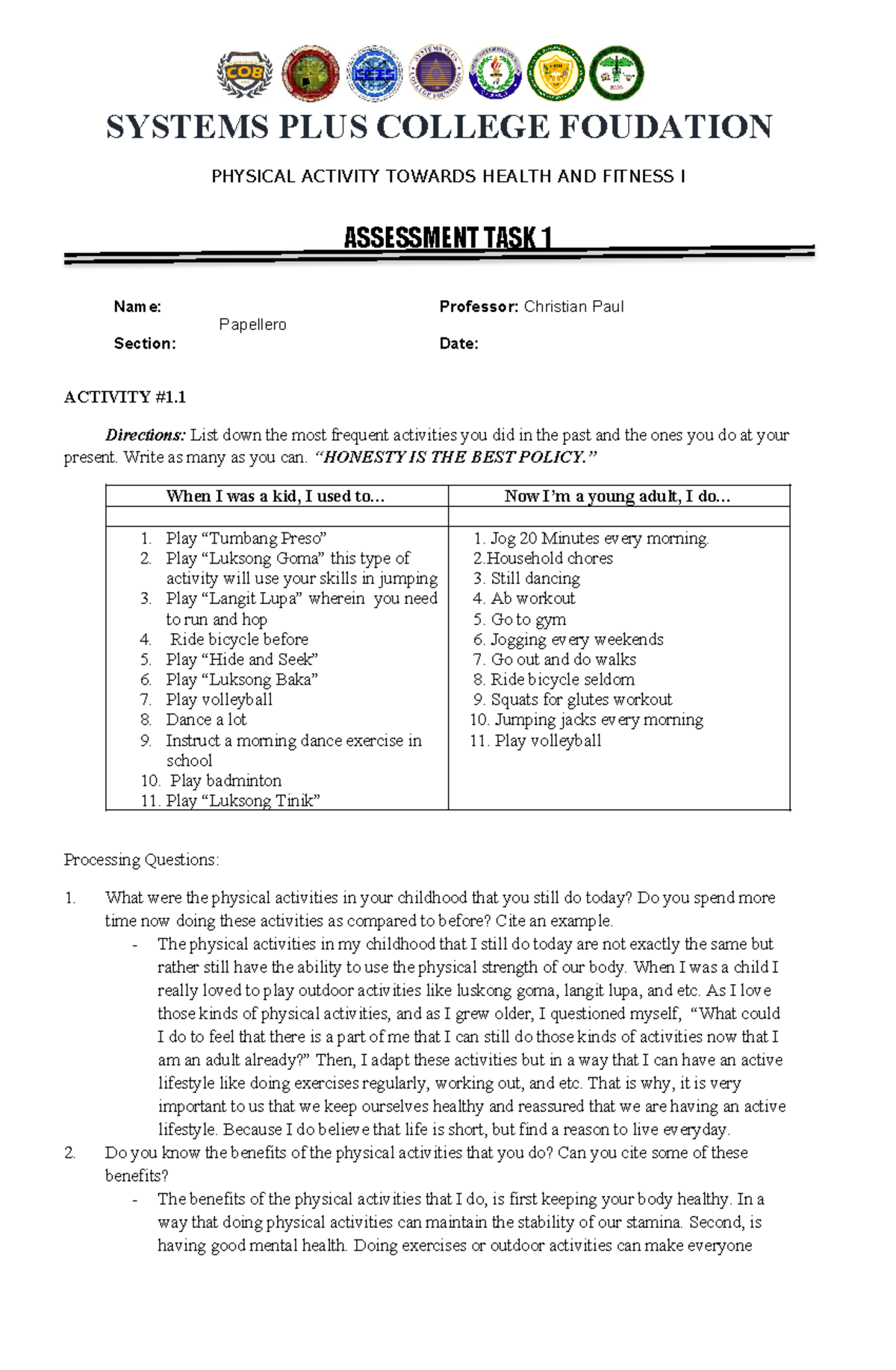 Pathfit 1 - Assessment TASK 1 - SYSTEMS PLUS COLLEGE FOUDATION PHYSICAL ...