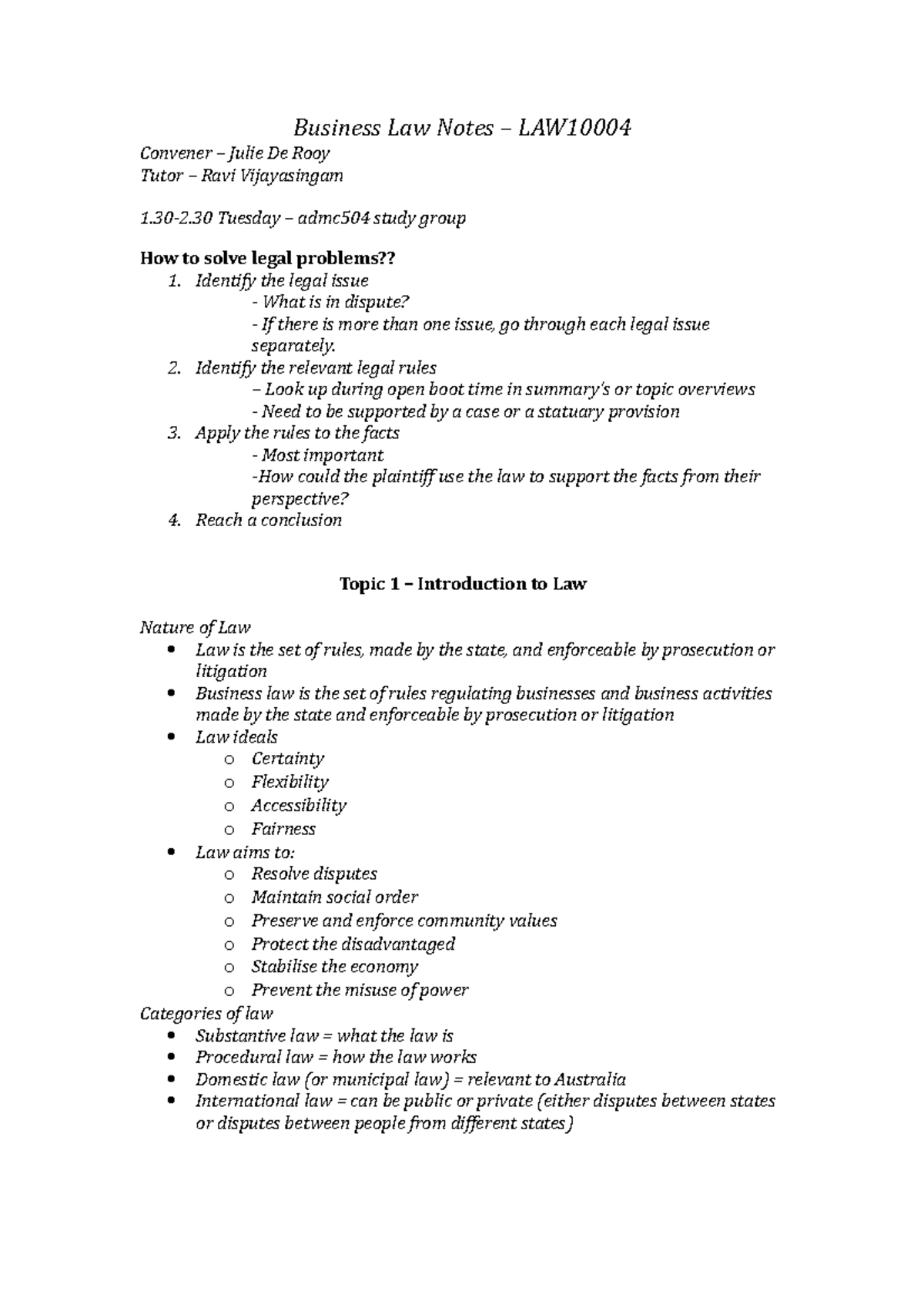 Business Law Notes - Law10004 - Business Law Notes Convener Julie De ...