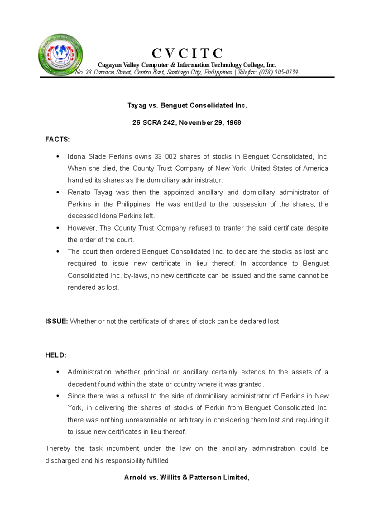 Case digest - C V C I T C Cagayan Valley Computer & Information ...