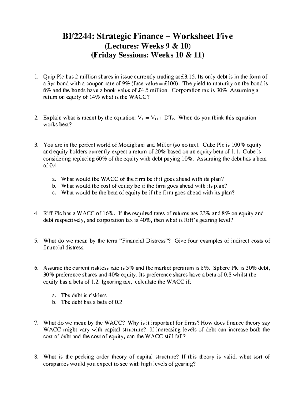 SF Tutorial Five - practice questions - BF2244: Strategic Finance ...