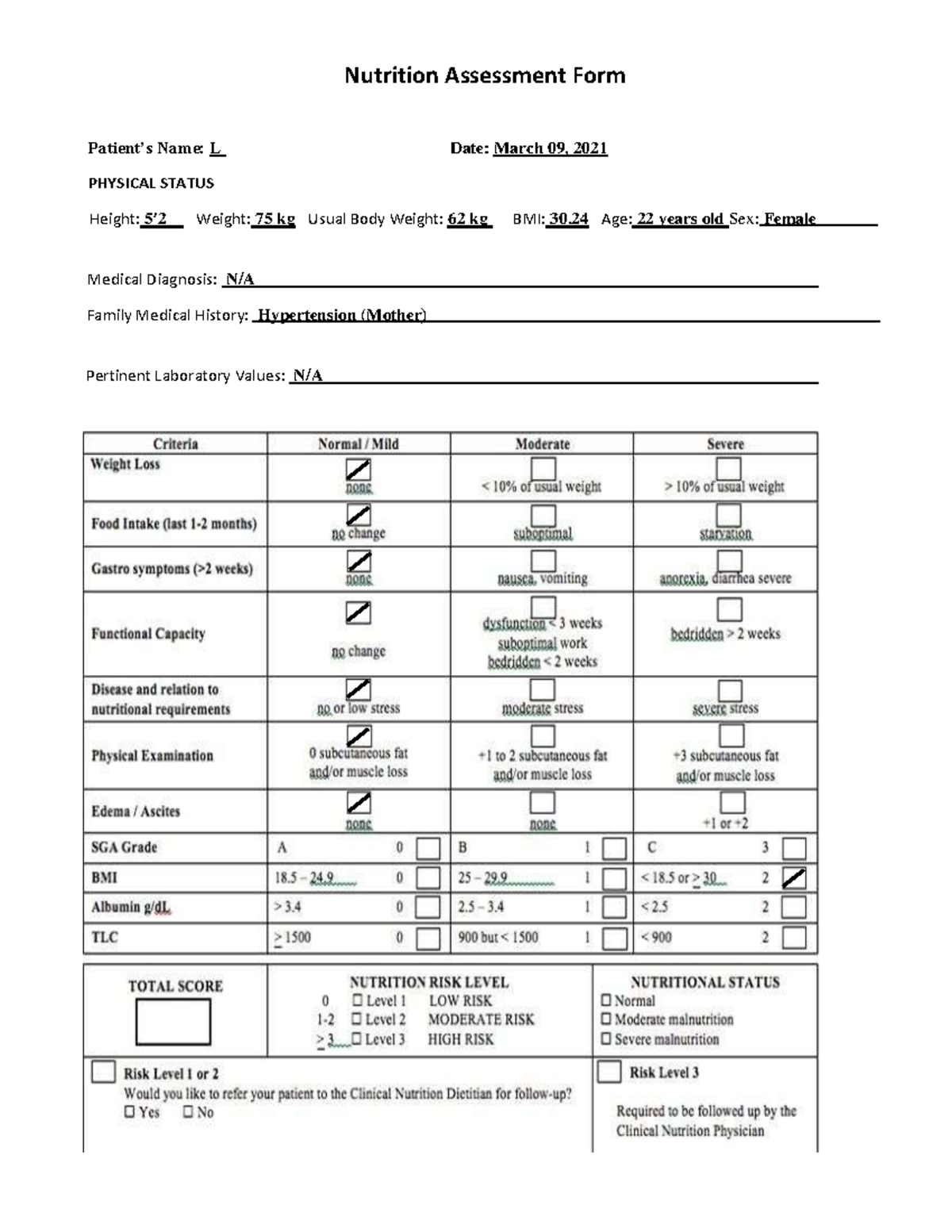 Sample. Pregnant-Woman data and meal plan - Nutrition Assessment Form ...