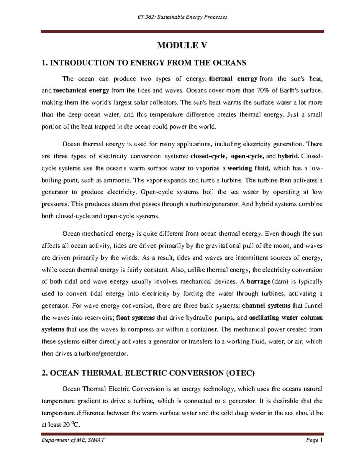 Energy from the ocean - MODULE V 1. INTRODUCTION TO ENERGY FROM THE ...