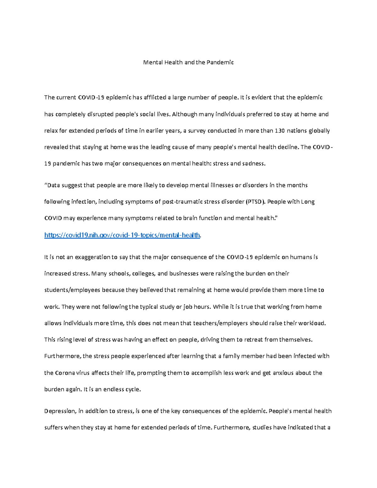 Covid 19 and Pandemic - Cause and Effect Essay - Mental Health and the ...