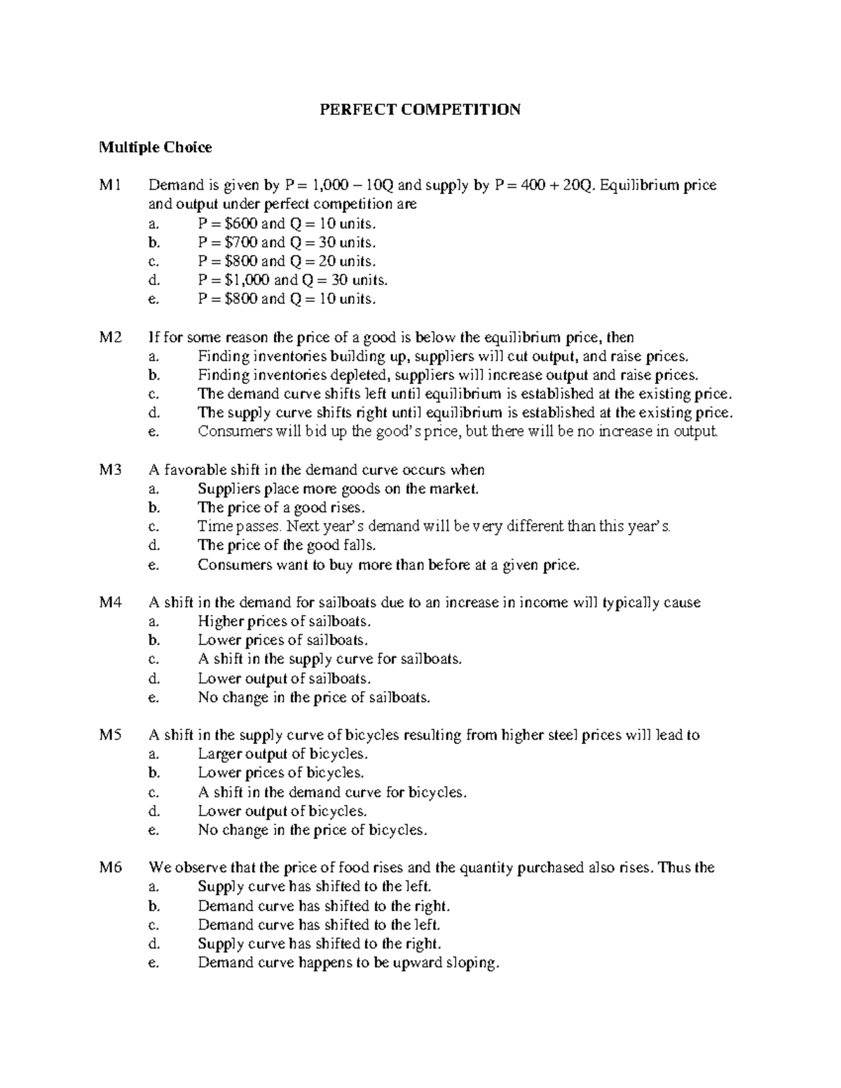 4.Perfect Competition - PERFECT COMPETITION Multiple Choice M1 Demand ...