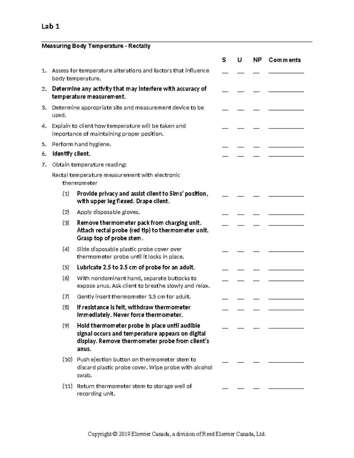 9 checklist - Lab 1 Measuring Body Temperature - Rectally S U NP ...
