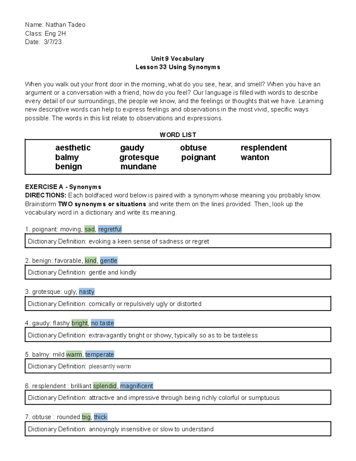 Copy of Eng2 Lesson 33 Vocab Ex A - Name: Nathan Tadeo Class: Eng 2H ...