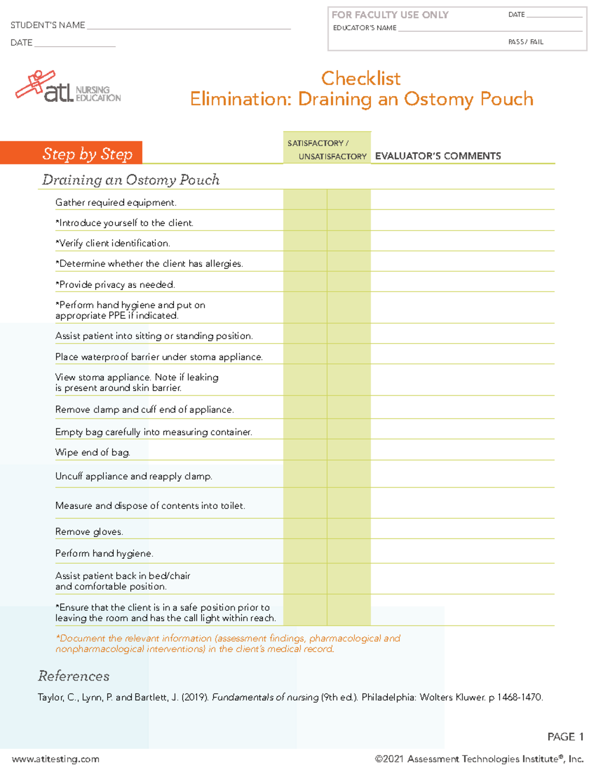 Ati Elimination Draining an Ostomy Pouch checklist - atitesting ©2021 ...