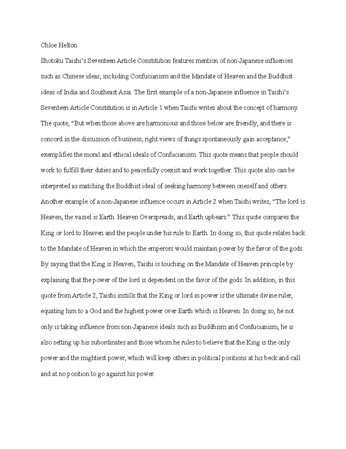Primary Source Essay - Chloe Helton Shotoku Taishi’s Seventeen Article ...