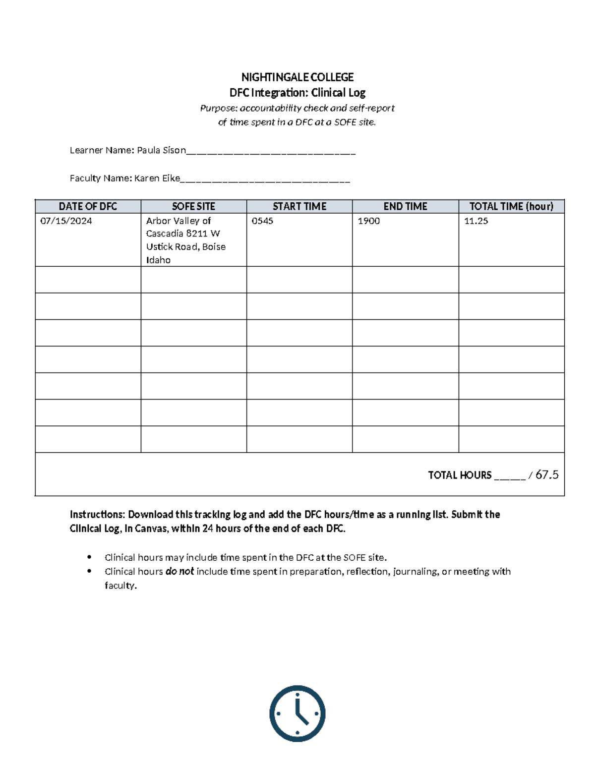 DFC Integration - Clinical Log BSN 246 1 - NIGHTINGALE COLLEGE DFC ...