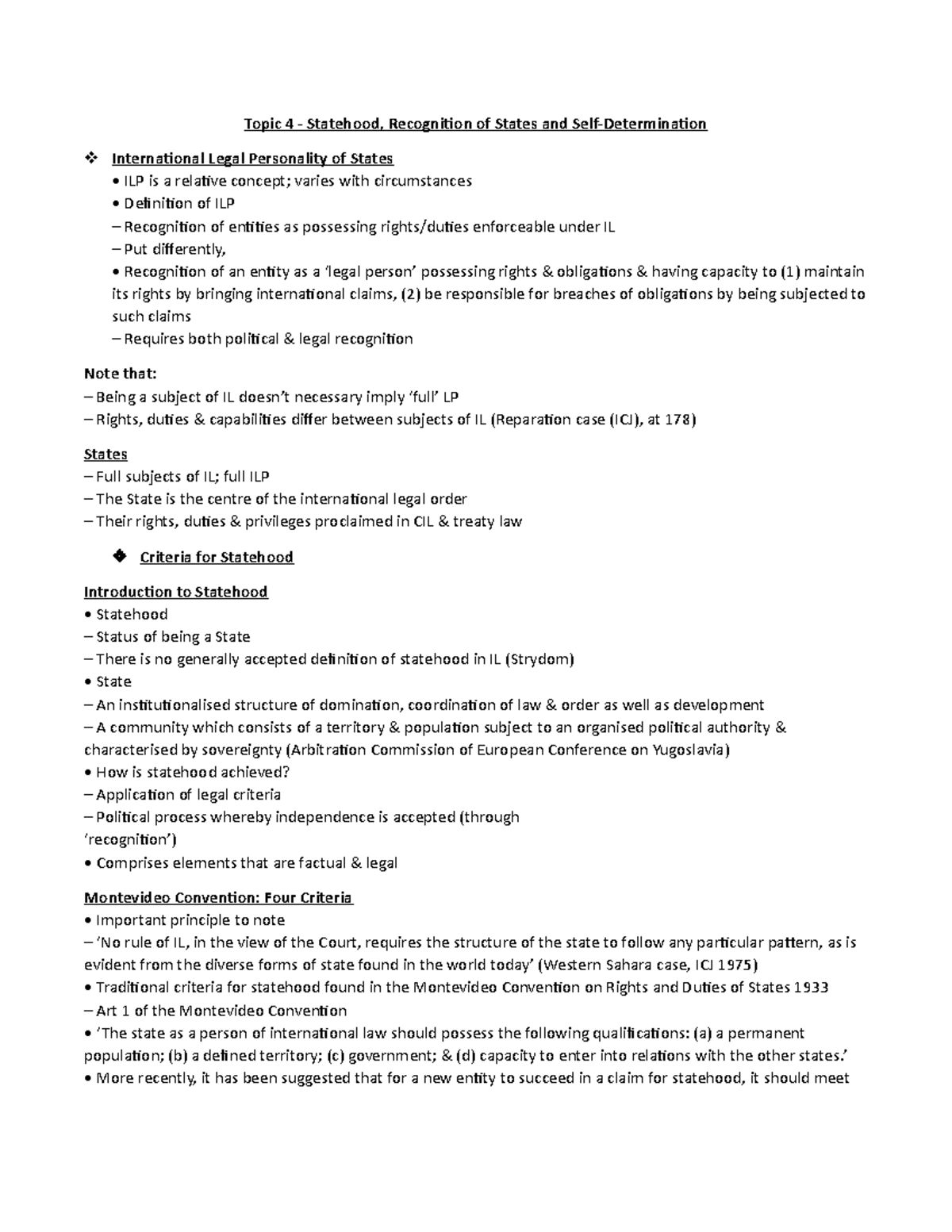 PIL 4 - Statehood, Recognition and Self-Determination - Topic 4 ...