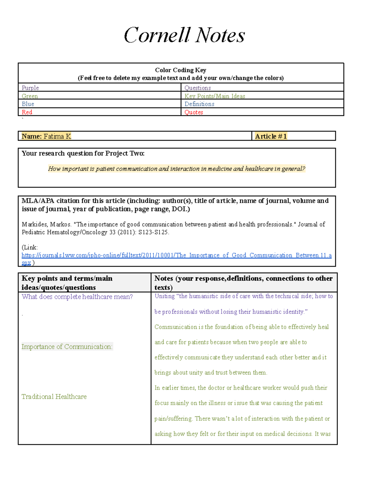 FK PB #5 Cornell Notes - Cornell Notes Color Coding Key (Feel free to ...