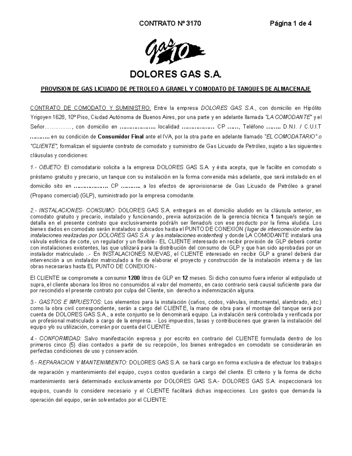Modelo DE Contrato GAS 10 - DOLORES GAS S. PROVISION DE GAS LICUADO DE ...